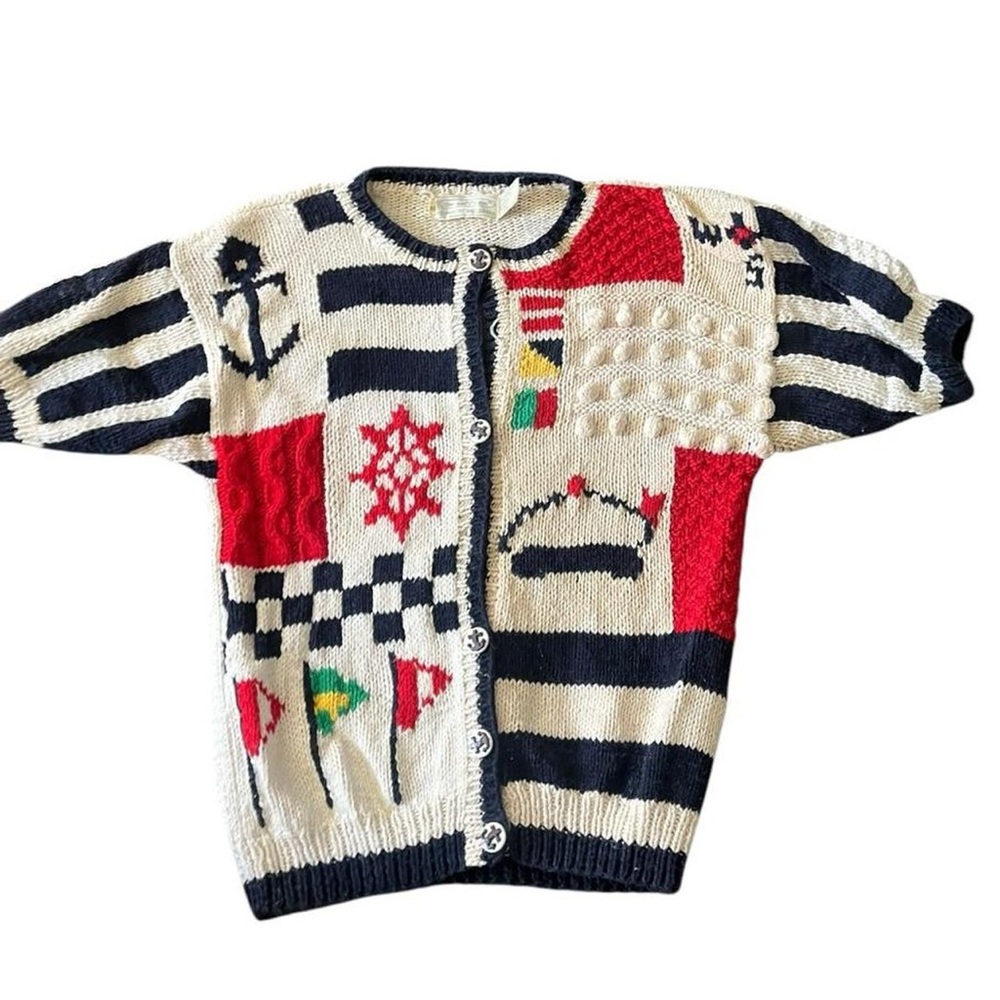 1989 Nautical-Themed Cardigan With Flags, Ship, Featu… - Gem